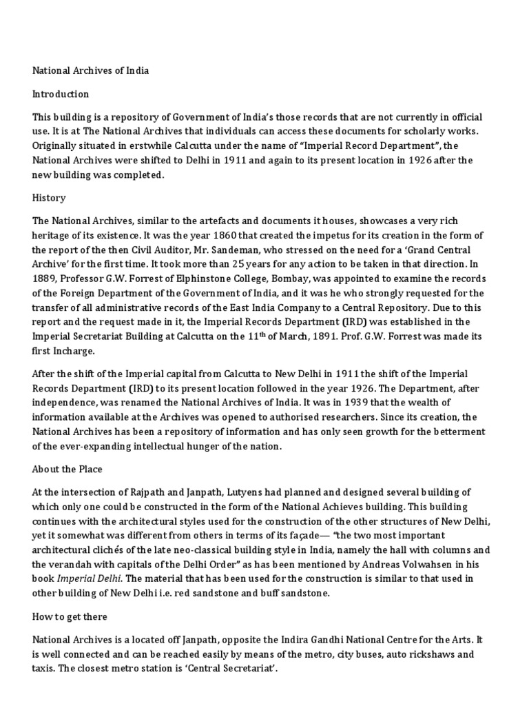 National Archives of India Overview | PDF | New Delhi | Archive