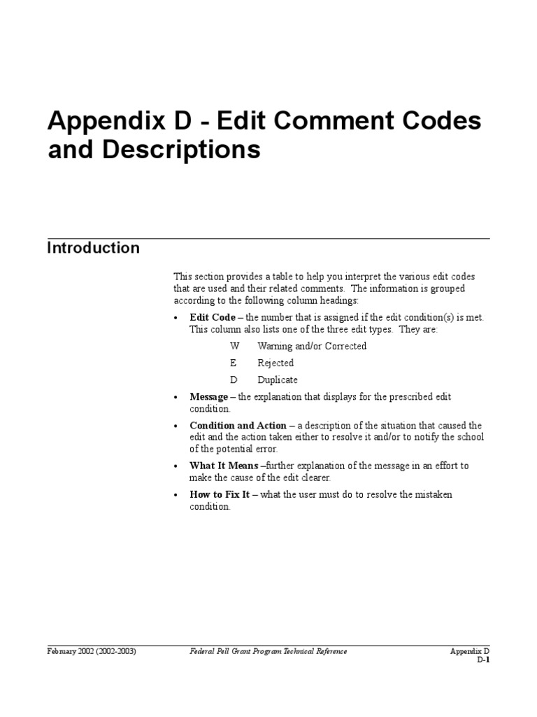 Appendix D - Edit Comment Codes and Descriptions | PDF | Computer Data | Computing