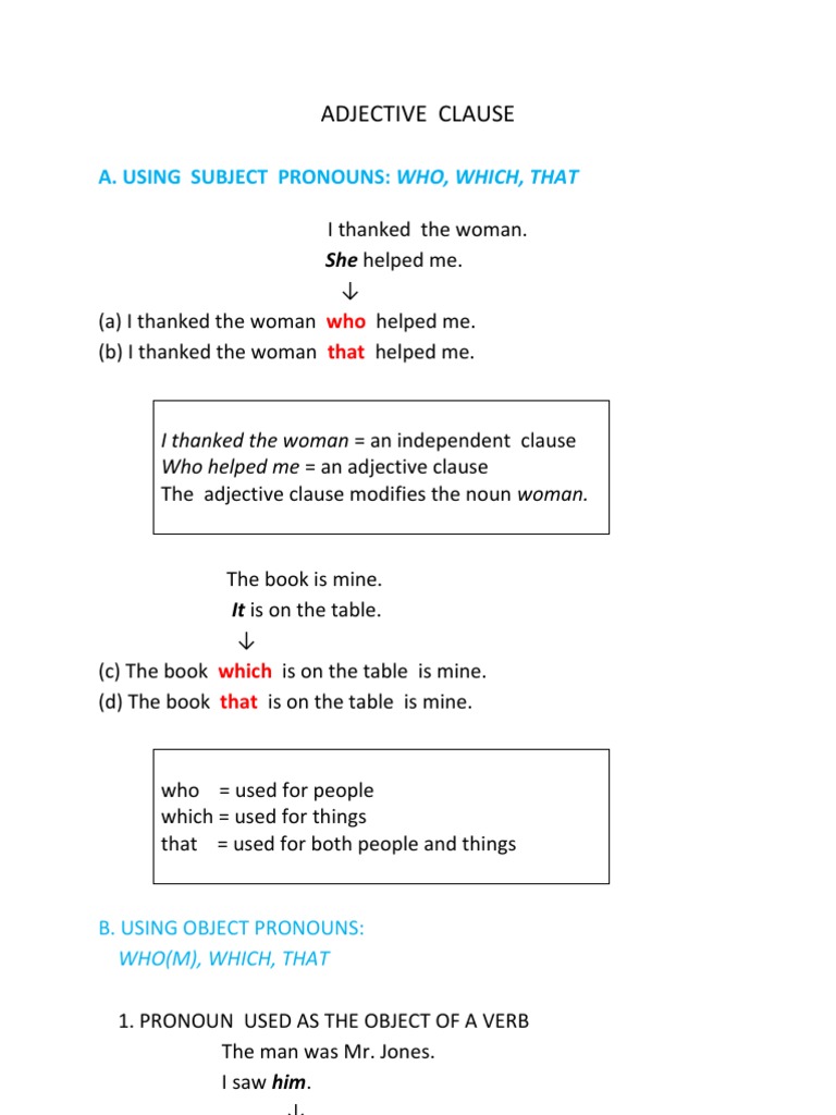 Adjective Clause | PDF | Pronoun | Object (Grammar)