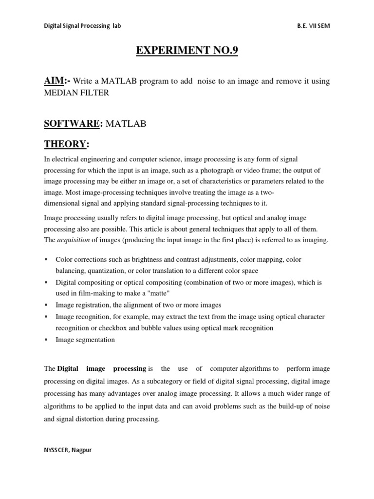 Experiment No.9: Write A MATLAB Program To Add Noise To An Image and ...