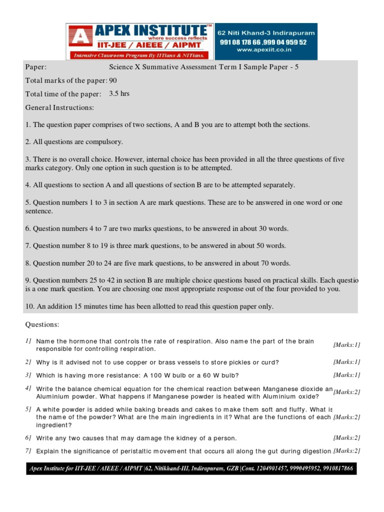 Science X Summative Assessment Term I Sample Papers | PDF | Sodium ...