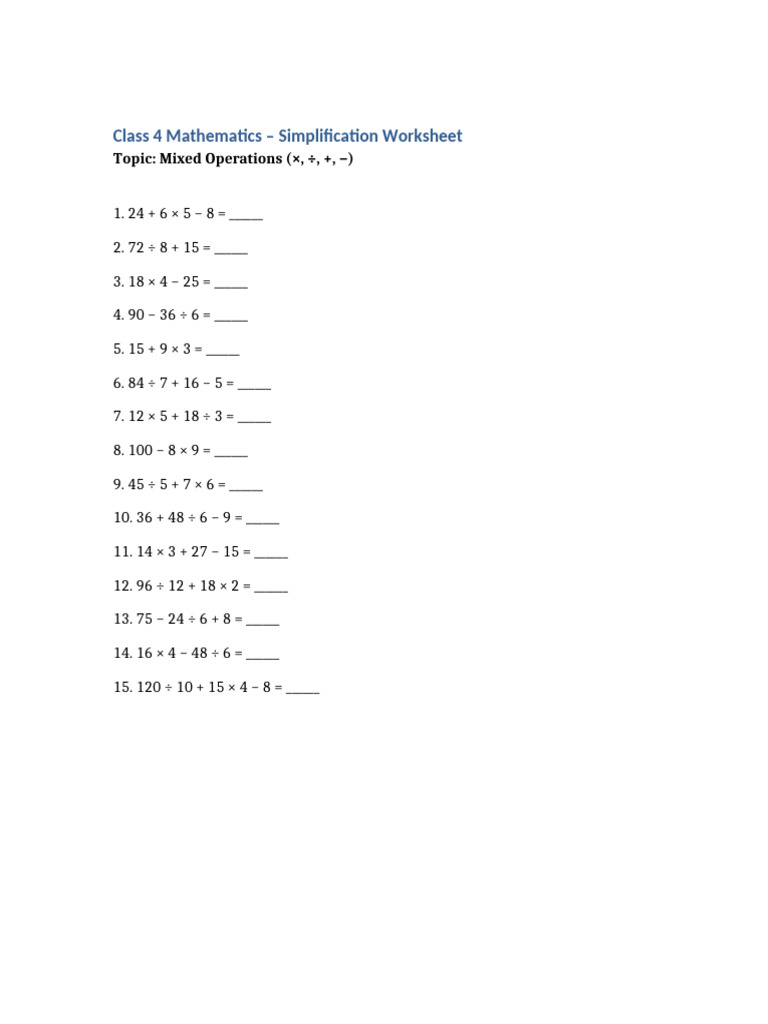 Class 4 Simplification Worksheet | PDF
