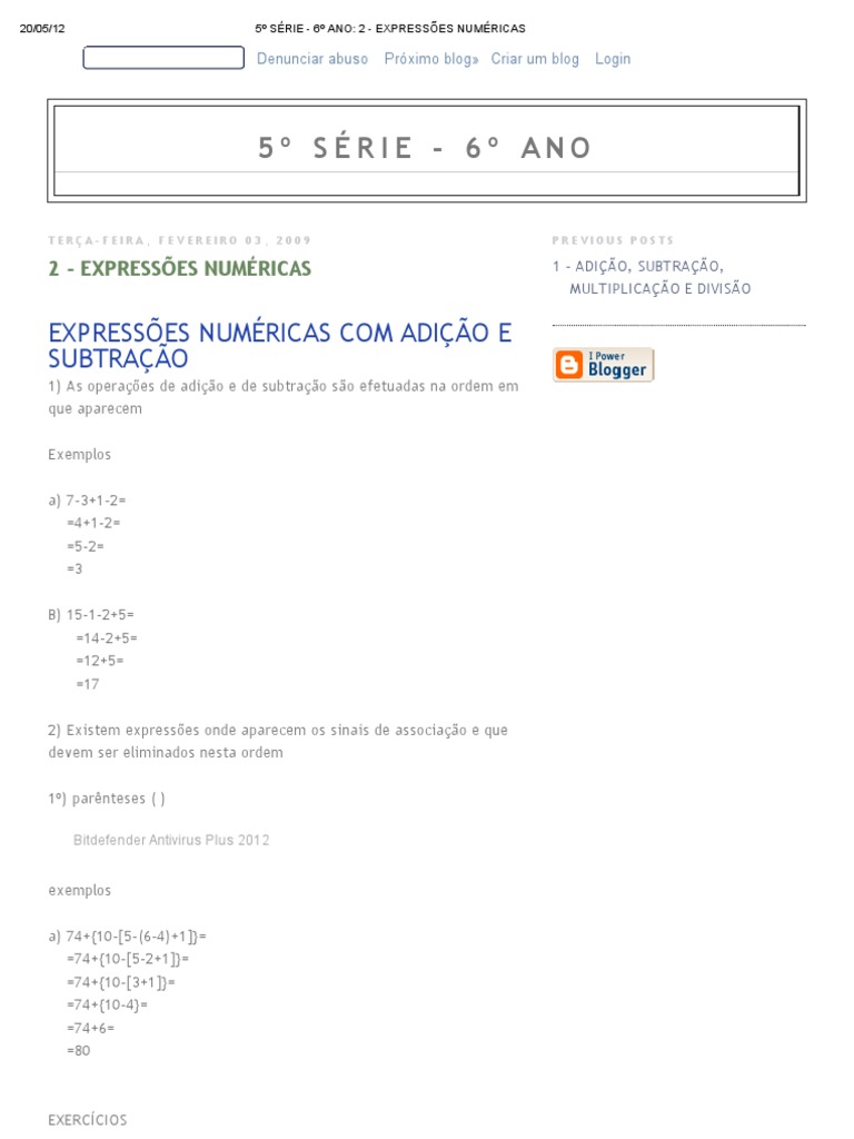 Exercícios de Expressões Numéricas 6º Ano | PDF | Ensino de Matemática ...