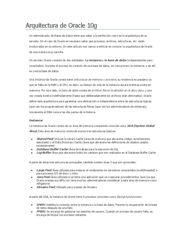 Arquitectura de Oracle 10g Explicada | PDF | Tabla (base de datos) | Modelo relacional