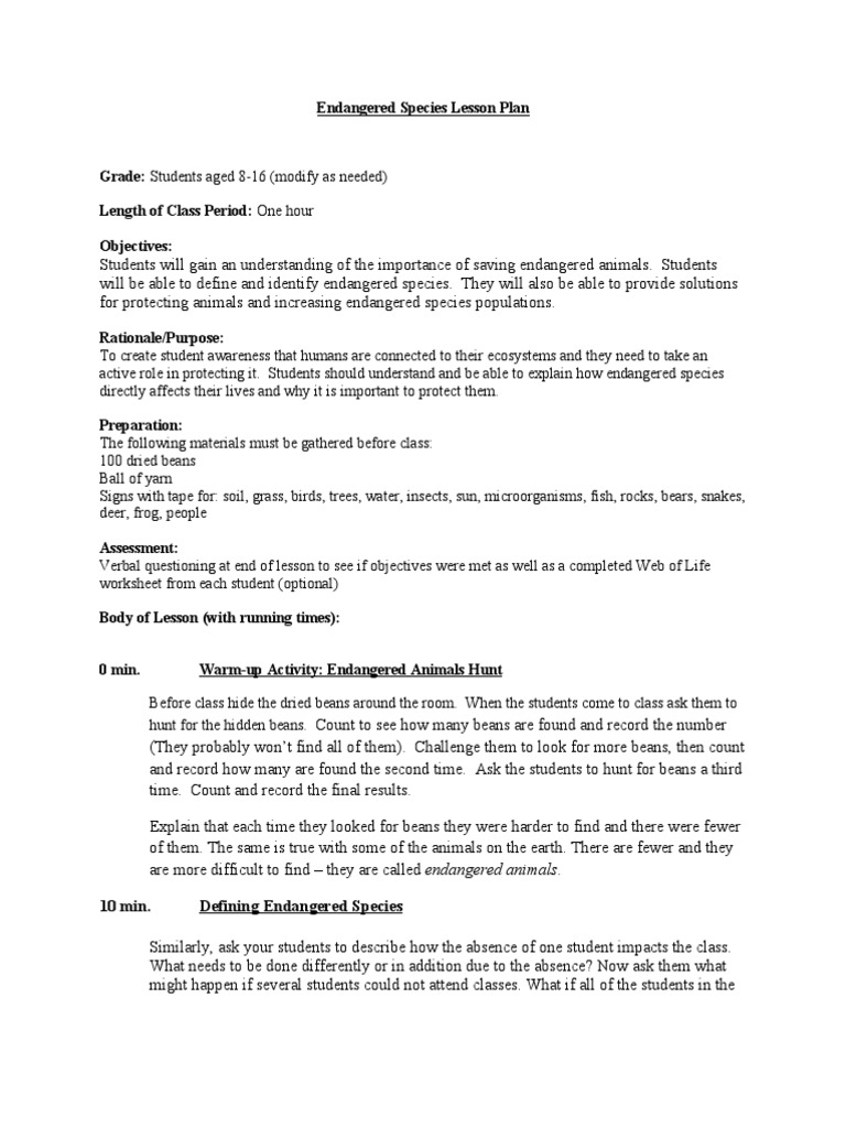 Endangered Species Lesson Plan | PDF | Endangered Species | Ecosystem