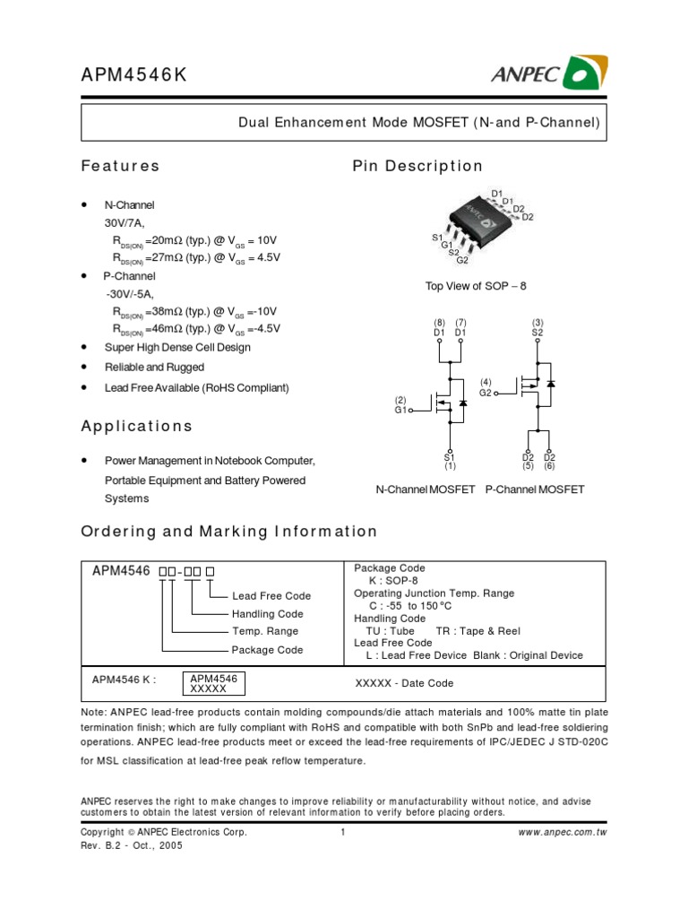 Apm 4546 | PDF | Field Effect Transistor | Diode