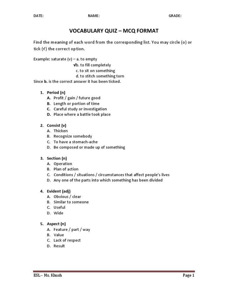 Vocabulary Quiz - MCQ Format | PDF
