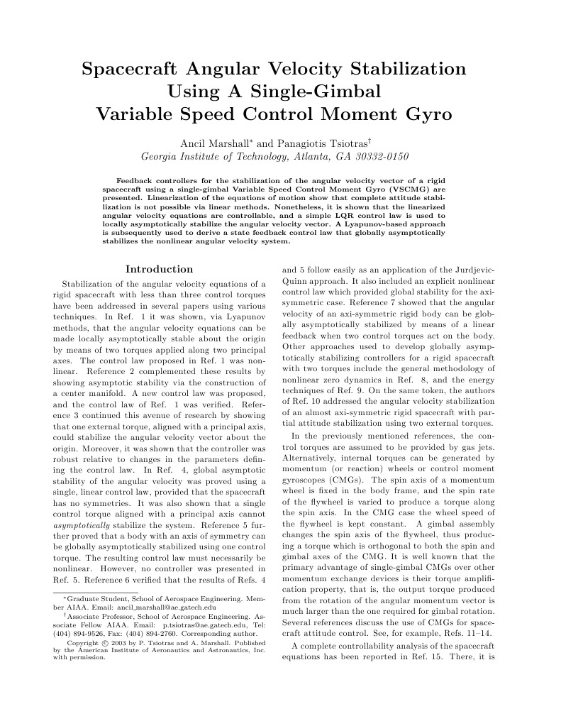 Spacecraft Angular Velocity Stabilization Using A Single-Gimbal Variable Speed Control Moment ...