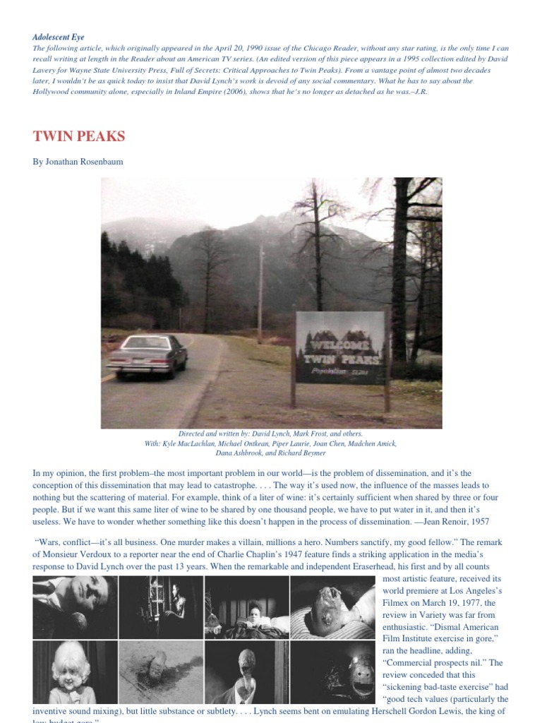 Jonathan Rosenbaum - David Lynch Twin Peaks | PDF | Surrealism | Leisure