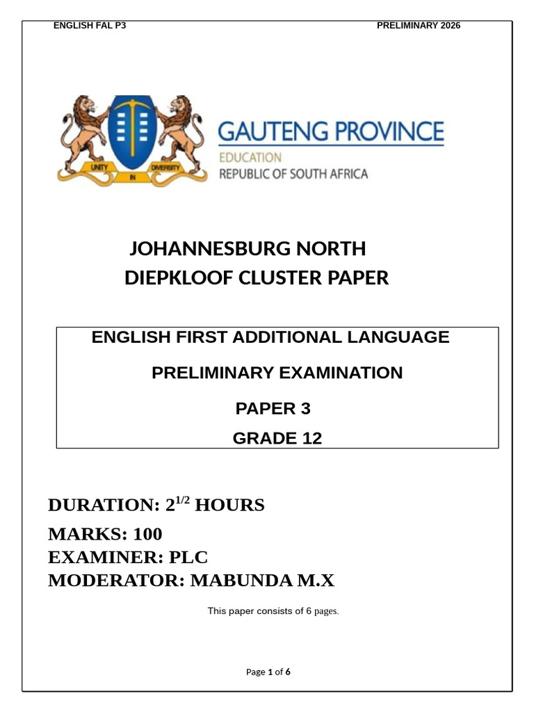 English FAL 2026 Grade 12 P3 PRELIM Exam | PDF | Essays | English Language