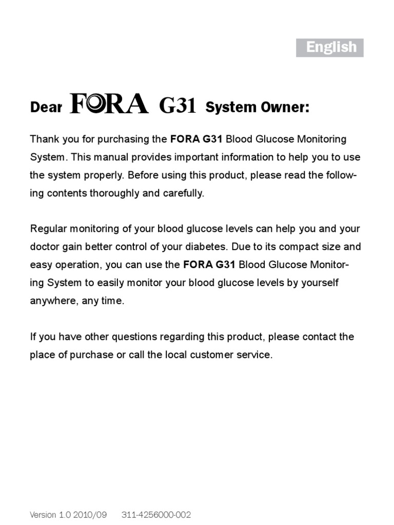 FORA G31 Manual Eng | PDF | Blood Sugar | Diabetes Mellitus