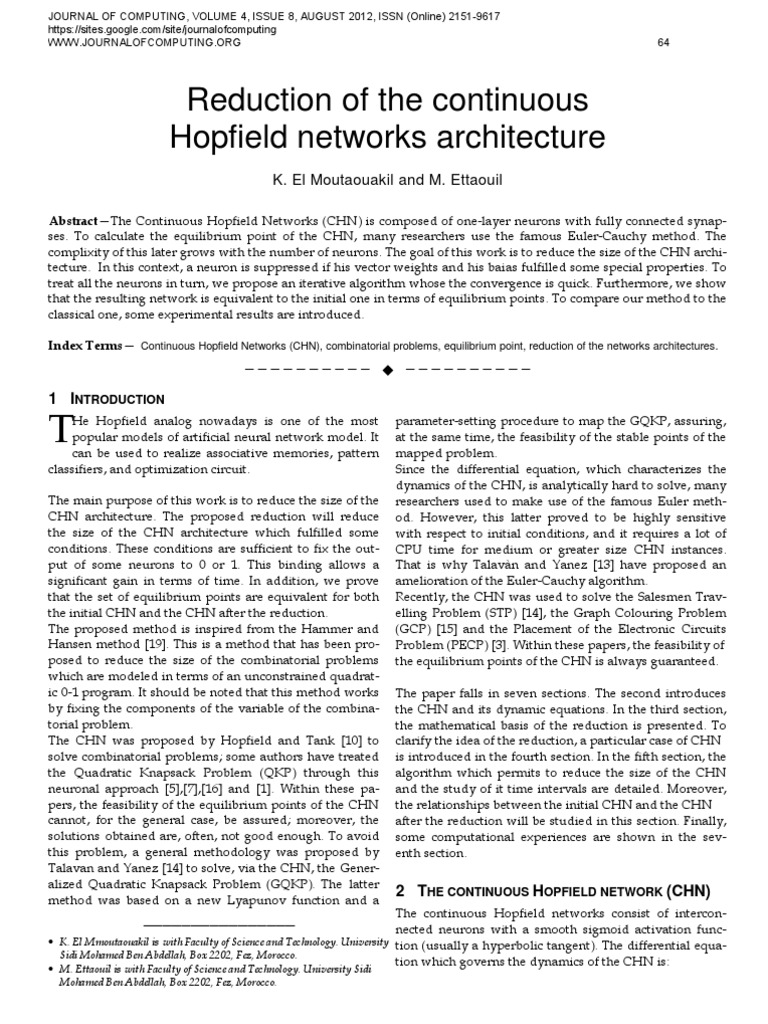 Reduction of The Continuous Hopfield Networks Architecture | PDF ...