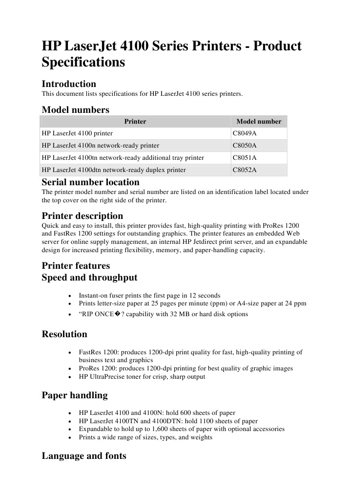 HP LaserJet 4100 Series Printers Specificatii | PDF | Printer (Computing) | Media Technology