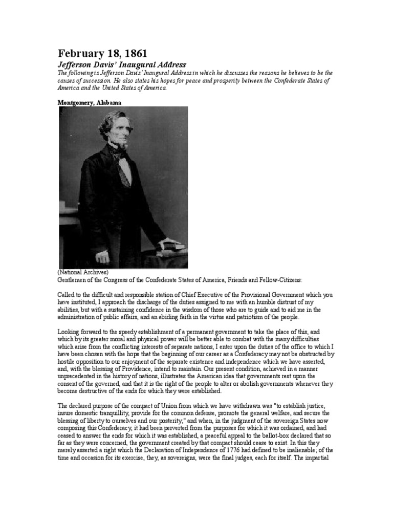 Jefferson Davis Inaugural Speech | Confederate States Of America ...