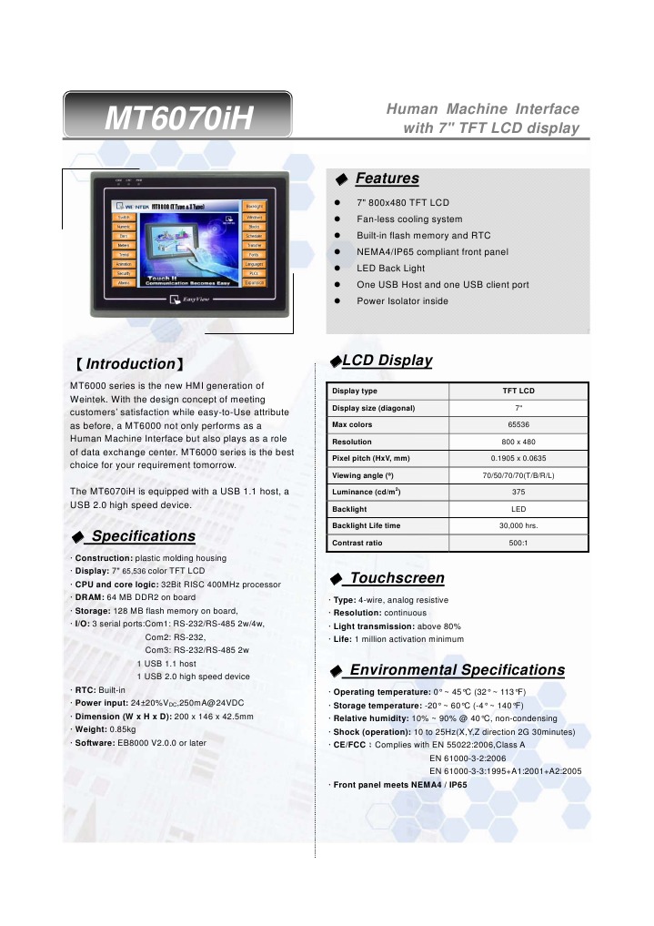 Weintek MT6070iH | PDF | Usb | Liquid Crystal Display