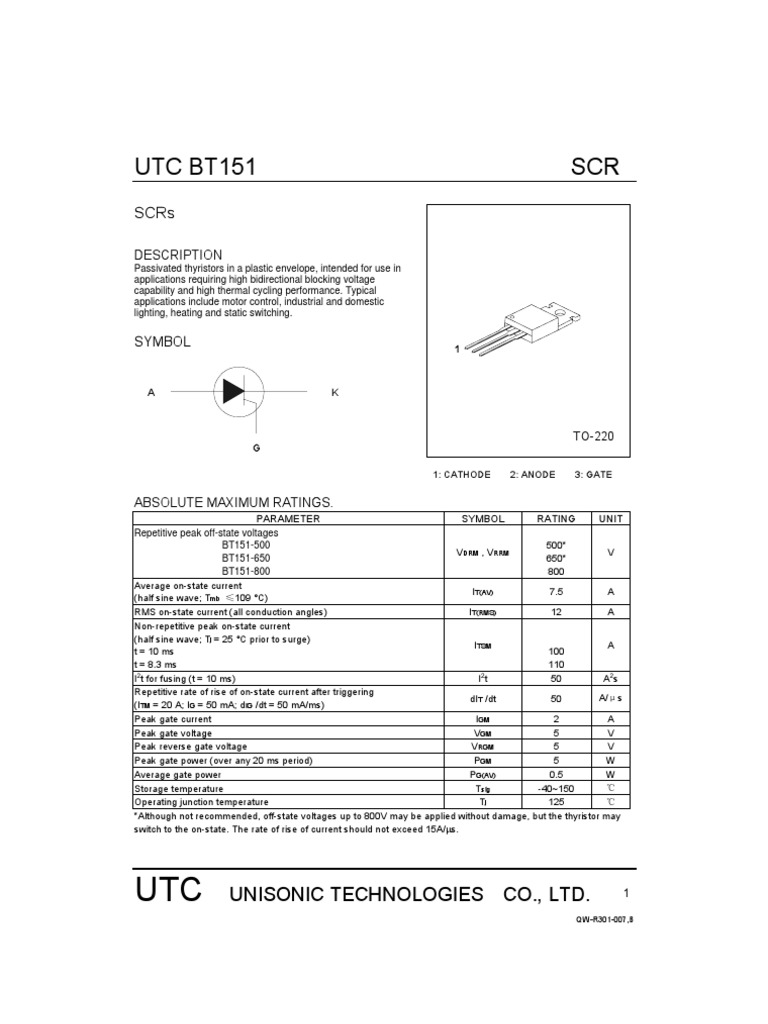 Utc Bt151 SCR: Unisonic Technologies Co., LTD | PDF | Electrical ...