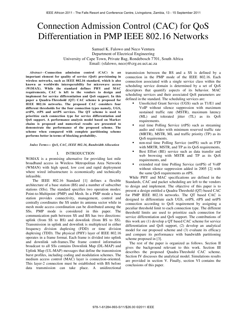 Connection Admission Control (Cac) For Qos Differentiation in PMP Ieee 802.16 Networks | PDF ...