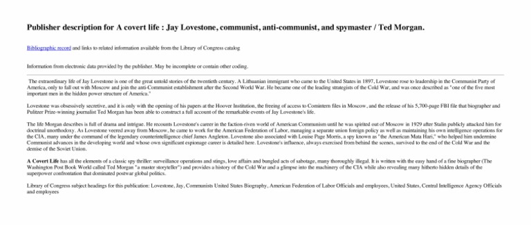 KNJIGA KOJE NEMA (Jay Lovestone, Communist, Anti-Communist, and ...