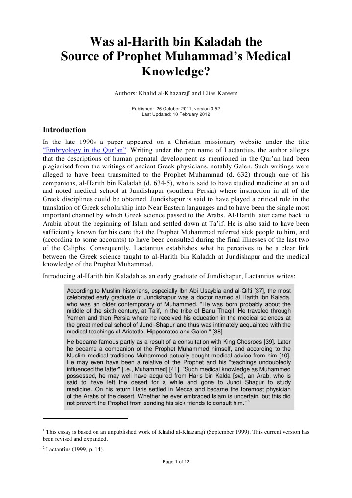 Was Al-Harith Bin Kaladah The Source of The Prophet Muhammad's Medical ...