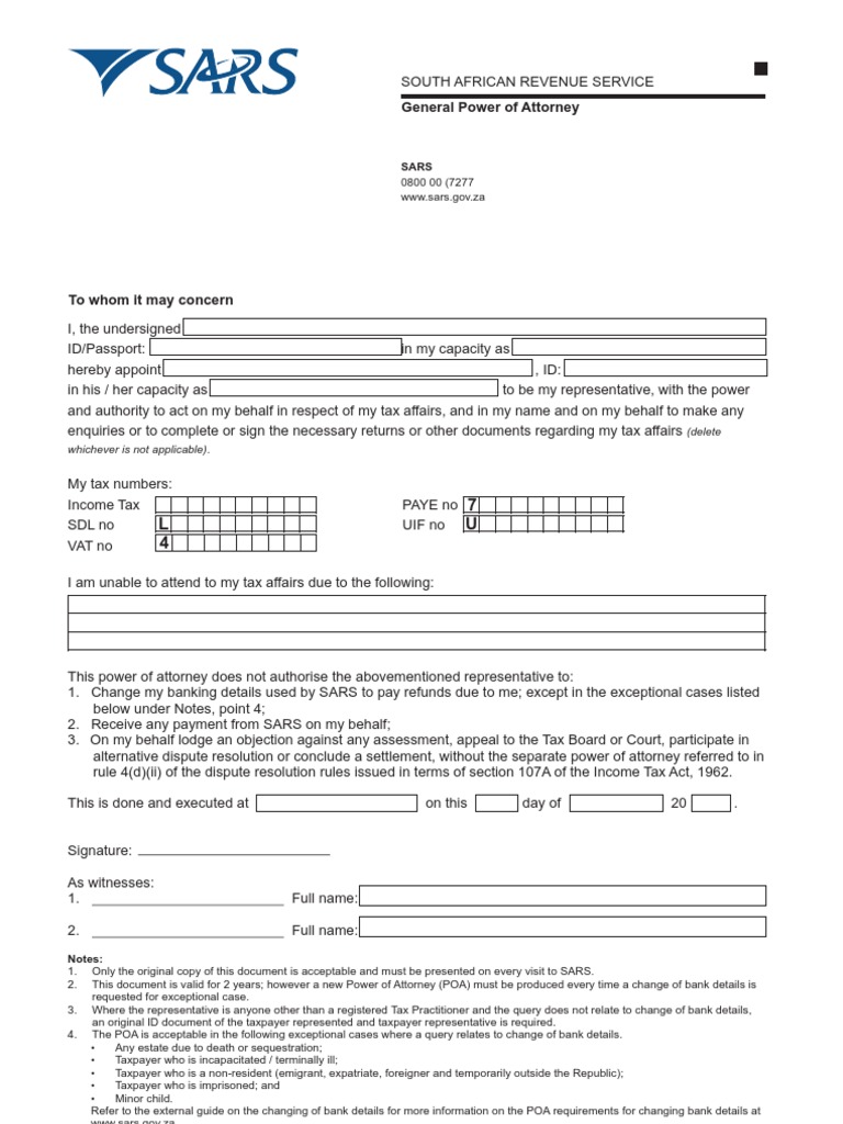 SARS General Power of Attorney Form | PDF