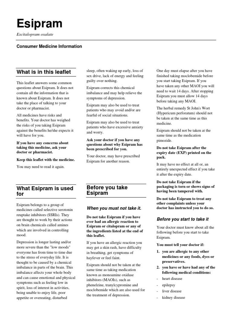 Esipram Medication Leaflet | PDF | Major Depressive Disorder | Mania