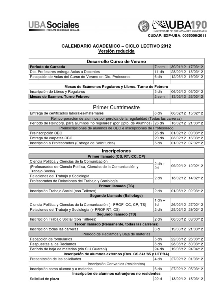 Calendario Académico UBA Sociales 2012 | PDF | Academia | Science