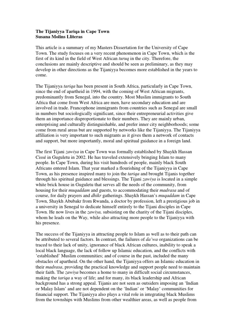 The Tijaniyya Tariqa in Capetown | PDF | Apartheid | Spirituality