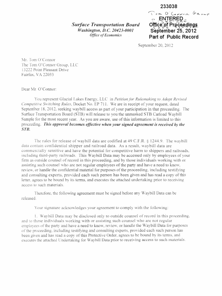Signed STB Waybill Access Letter Part of Public Record 233038-1 | PDF