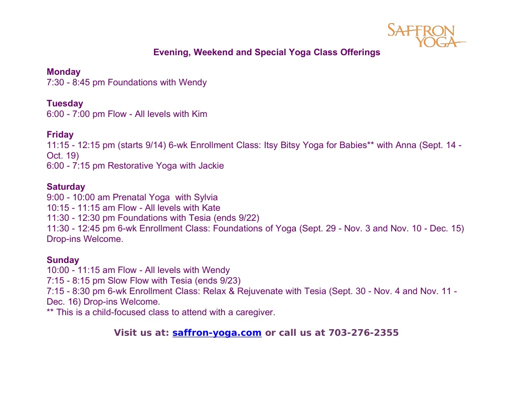 Evening & Weekend Yoga Classes Schedule | PDF