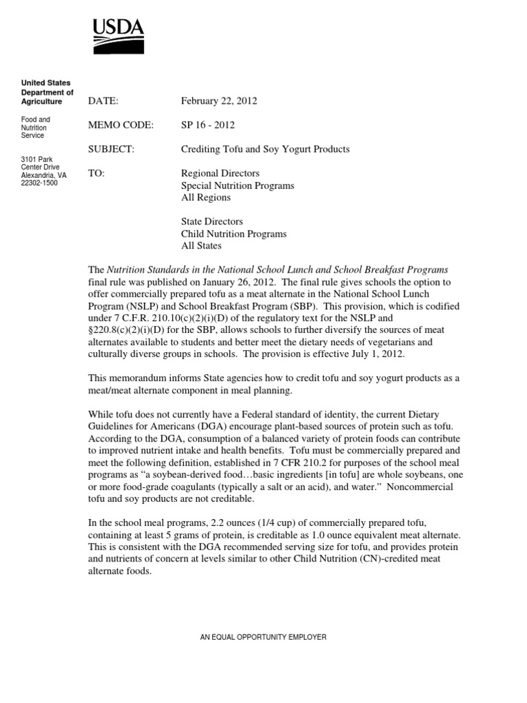 USDA letter on tofu | Tofu | School Meal