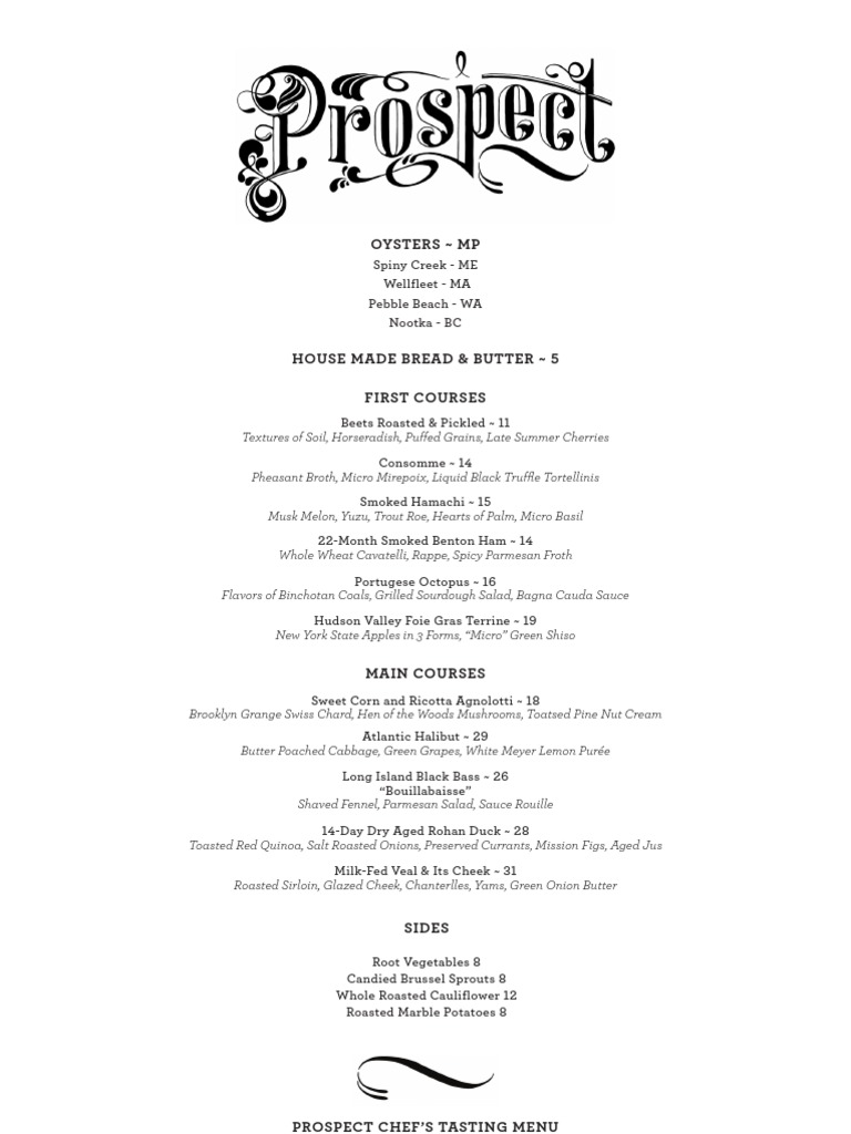 Prospect Restaurant Menu Overview | PDF