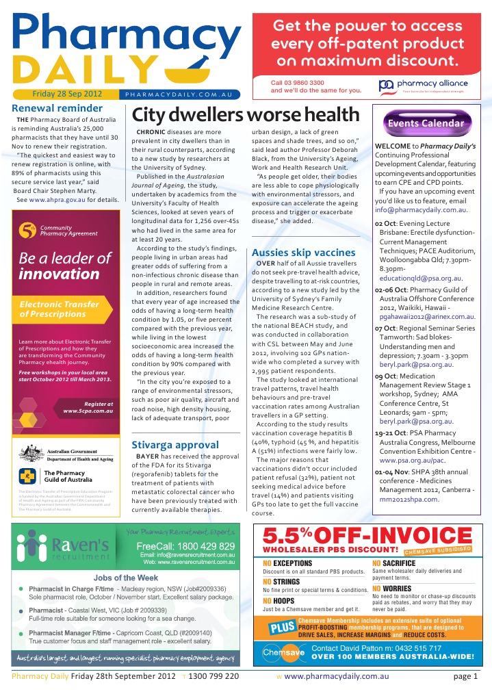 Pharmacy Daily For Fri 28 Sep 2012 - City and Rural Health, Renewal ...