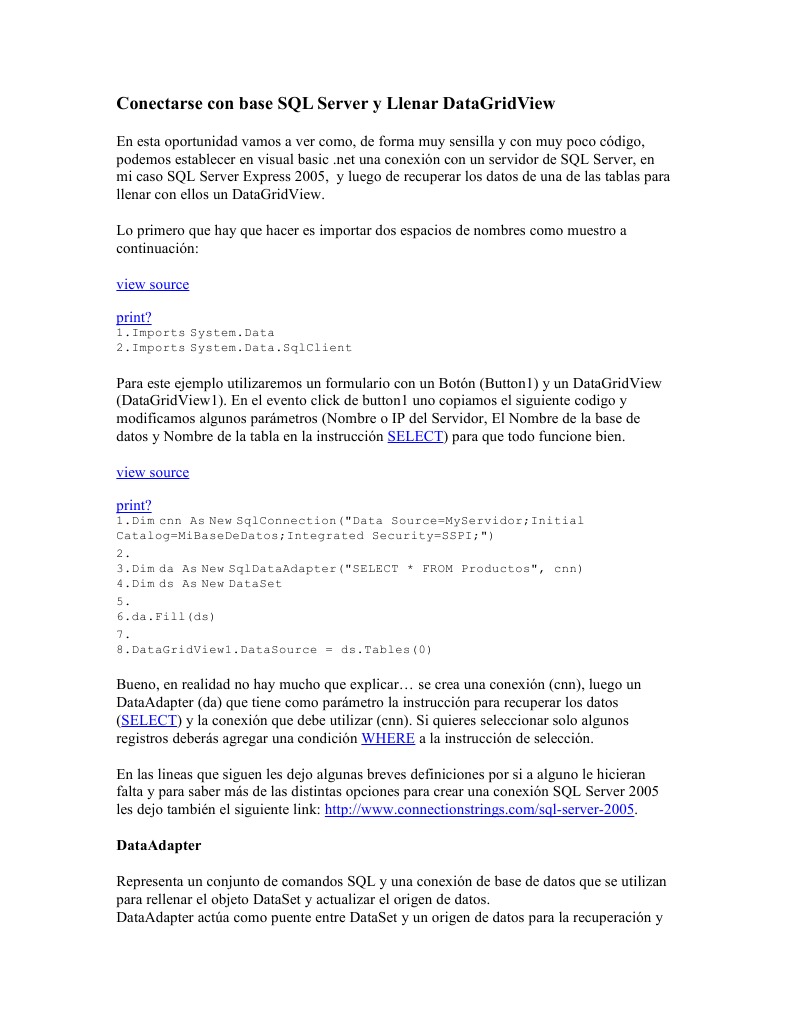 Conectarse Con Base Sql Server Y Llenar Datagridview Pdf Servidor Sql De Microsoft Sql