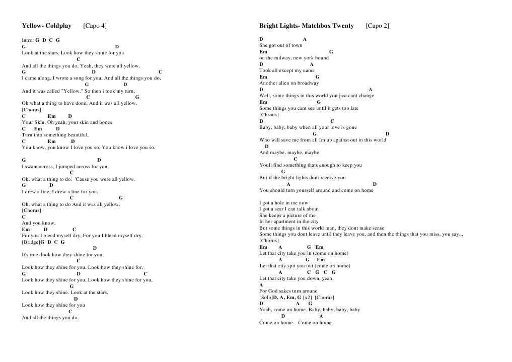 Yellow-Coldplay (Capo 4) Bright Lights - Matchbox Twenty (Capo 2) | PDF ...