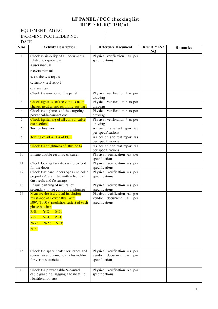 LT PANEL / PCC Checking List Dept: Electrical: Equipment Tag No ...