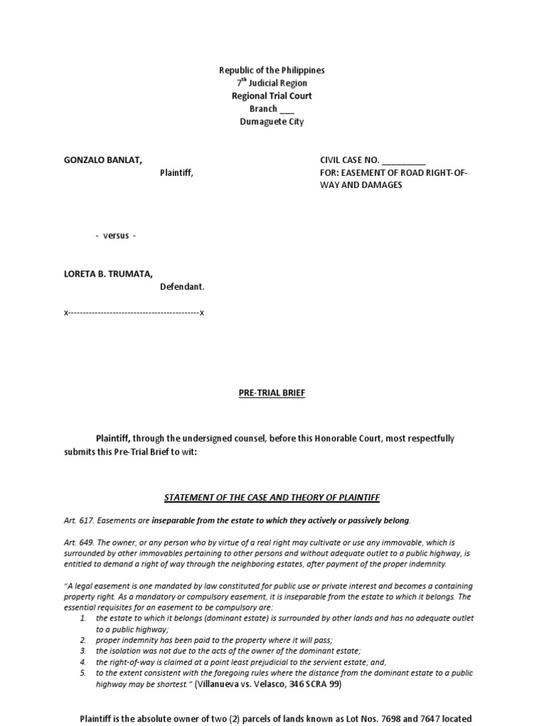 Sample Pretrial Brief | PDF | Easement | Lawsuit