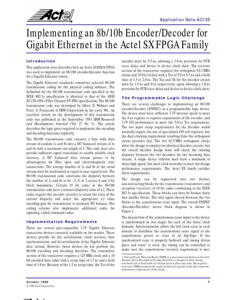 Implementing An 8b/10b Encoder/Decoder For Gigabit Ethernet in The Actel SX FPGA Family | PDF ...