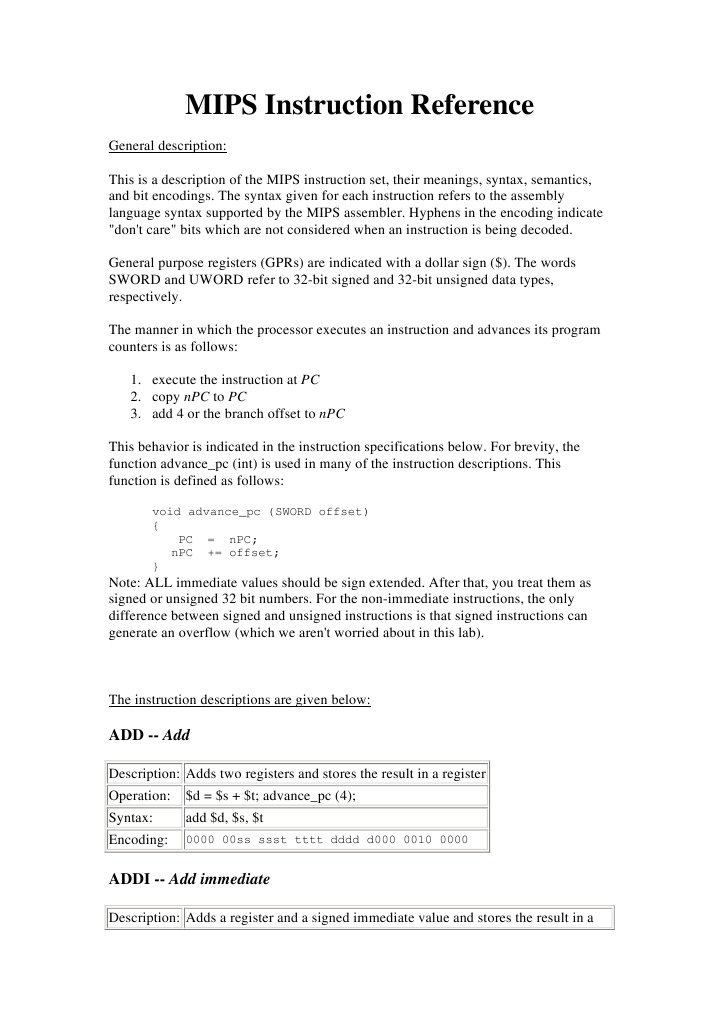 MIPS Instruction Reference: NPC To PC | PDF | Mips Instruction Set ... MIPS Instruction Reference: NPC To PC | PDF | Mips Instruction Set ...