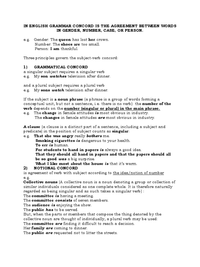 Subject Verb Agreement Concord | PDF | Grammatical Number | Subject ...