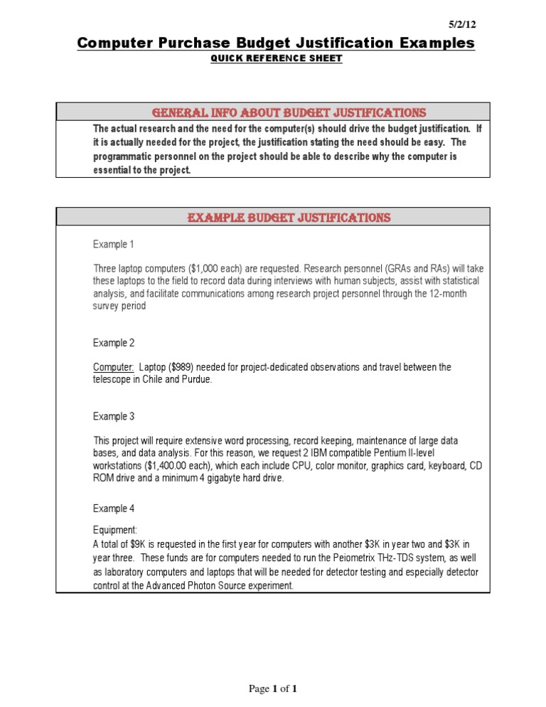 Computer Purchases Budget Justification Examples Quick Reference Sheet ...