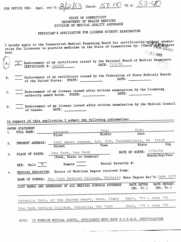 Kenneth Blau, M.D.'S Connecticut Licensure Applications | PDF ...