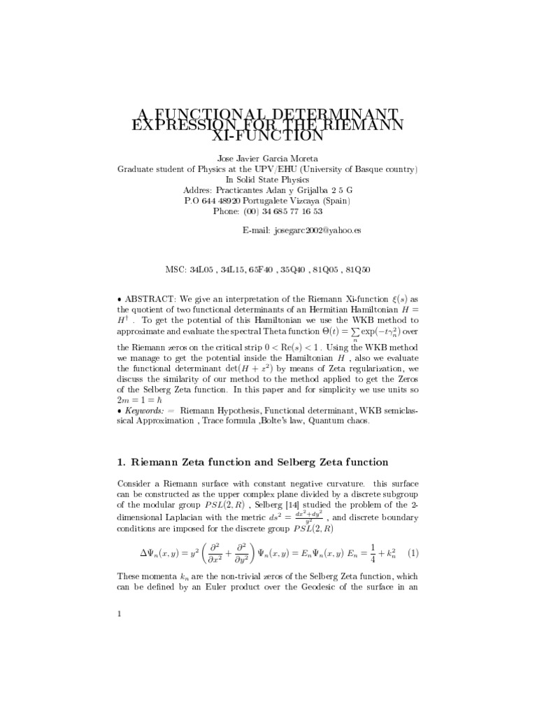 A Functional Determinant Expression For The Riemann Xi Function | PDF | Mathematical Analysis ...
