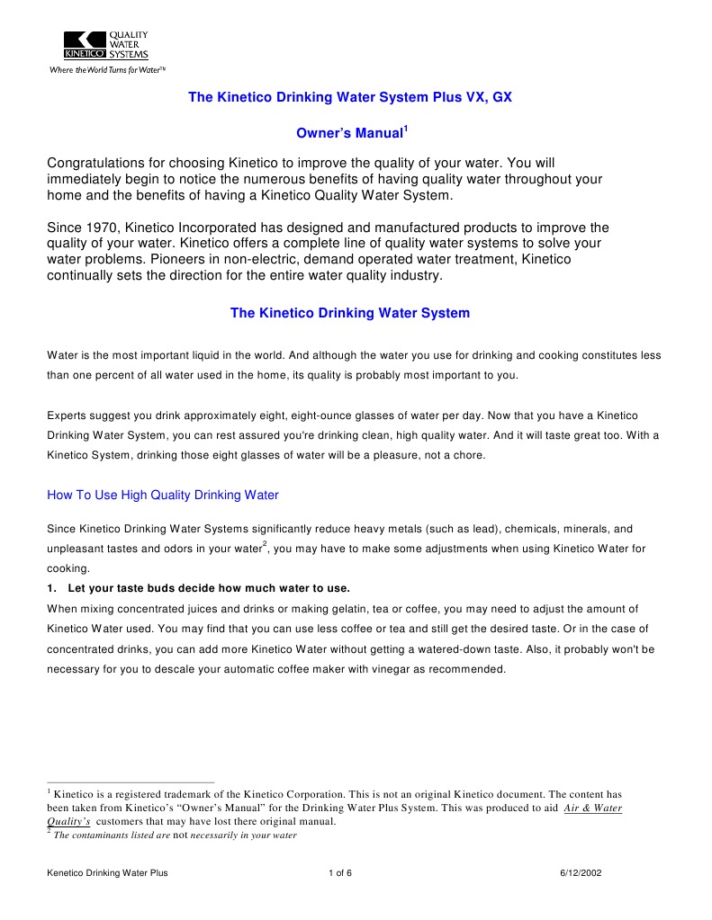 Kinetico Drinking Water System Manual | PDF | Drinking Water | Drink