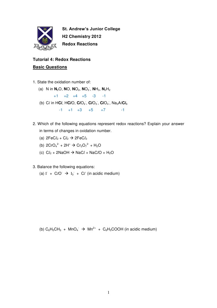 2012 Redox Tutorial-Tutor | PDF | Hydrogen Peroxide | Redox