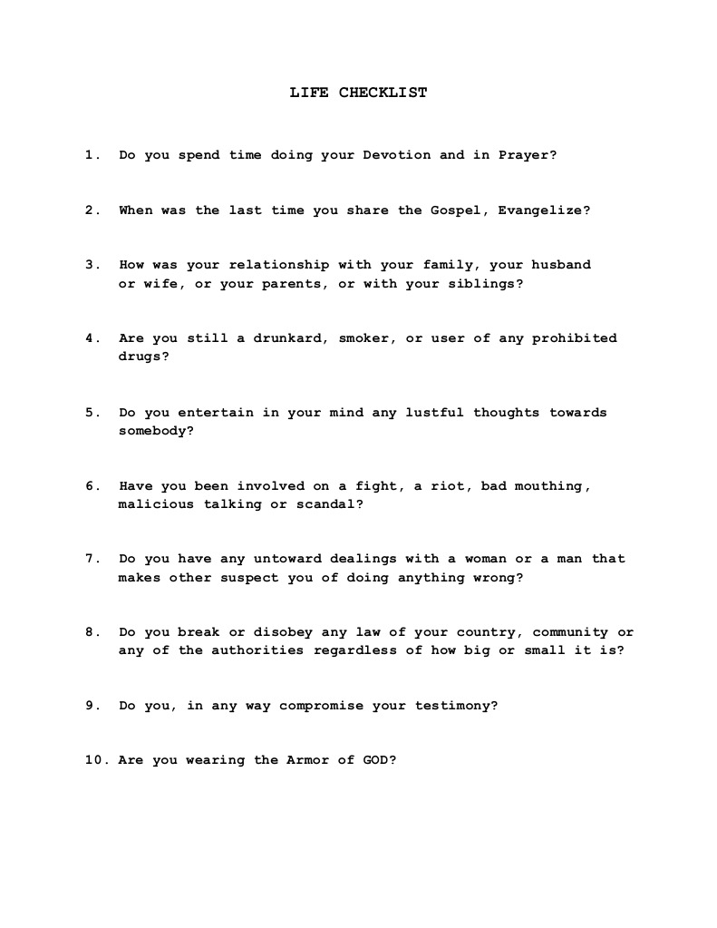 Life Reflection Checklist | PDF