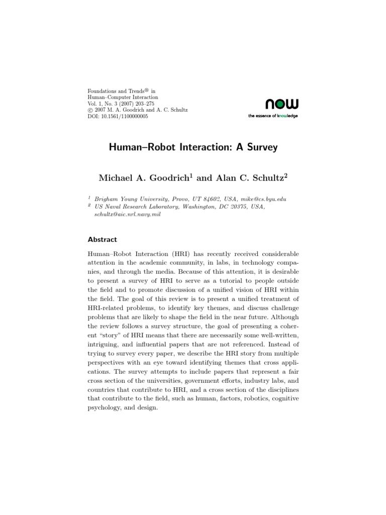 Human-Robot Interaction: A Survey | PDF | Robot | Robotics