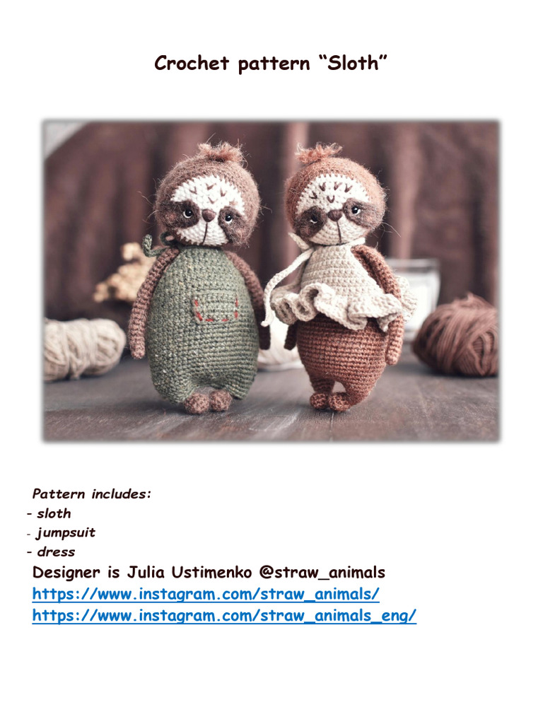 Sloth With Clothes Pattern | PDF | Yarn | Crochet