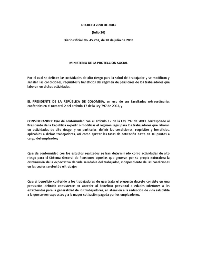 Decreto 2090 de 2003 | PDF | Pensión | Gobierno Decreto 2090 de 2003 | PDF | Pensión | Gobierno