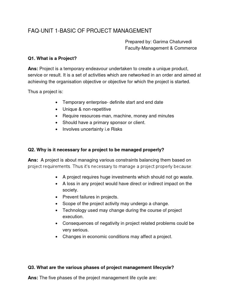 Faq-Unit 1-Basic of Project Management | PDF | Project Management ...