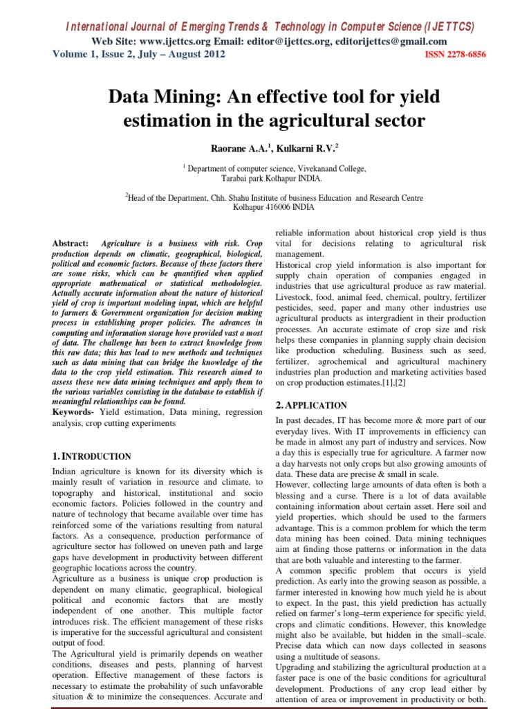 Data Mining: An Effective Tool For Yield Estimation in The Agricultural Sector | PDF | Support ...